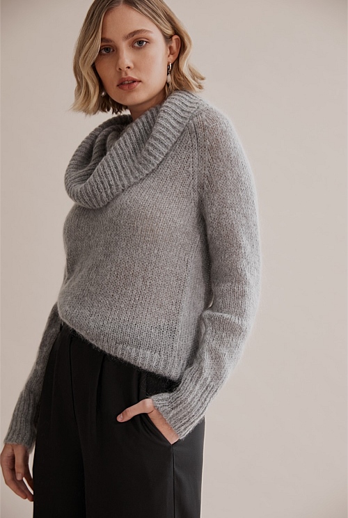 Grey Fluffy Cowl Neck Knit - Knitwear | Country Road