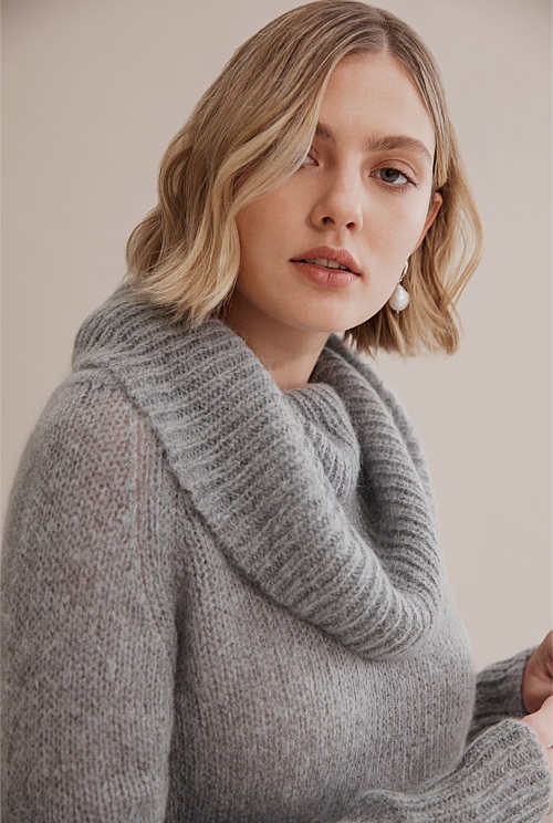 Grey Fluffy Cowl Neck Knit - Knitwear | Country Road