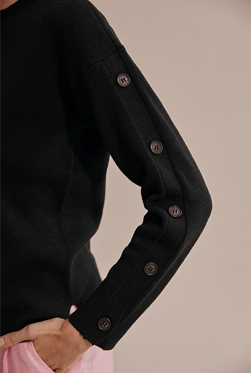 Black Button Sleeve Sweater - Knitwear | Country Road