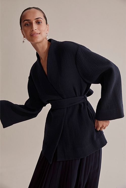 Navy Textured Wrap Jacket - Jackets & Coats | Country Road