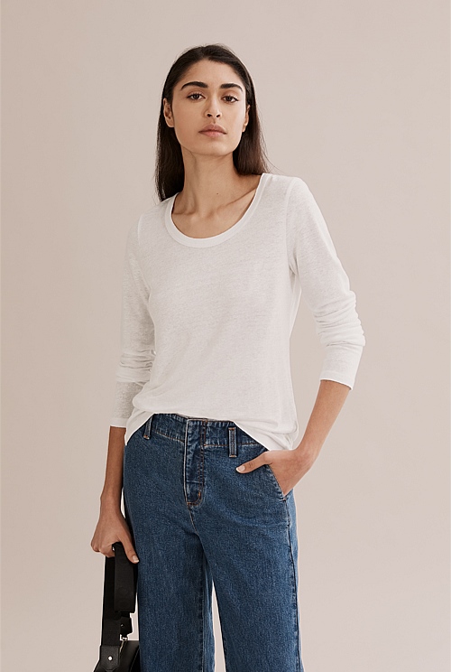 White Long Sleeve Linen T-Shirt - T-Shirts & Tops | Country Road