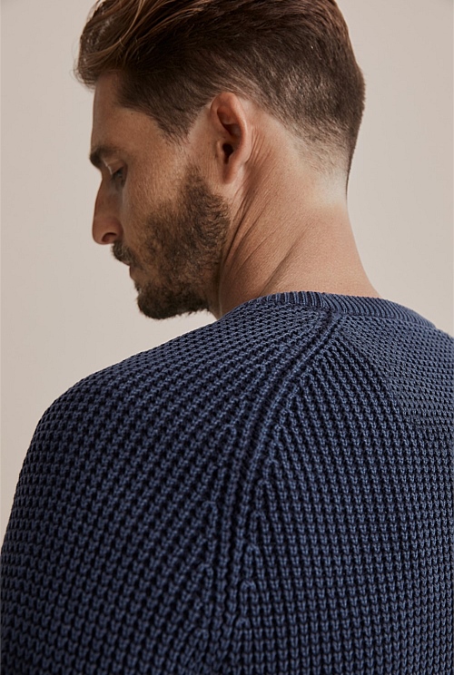 Indigo Waffle Australian Cotton Crew Knit - Knitwear | Country Road