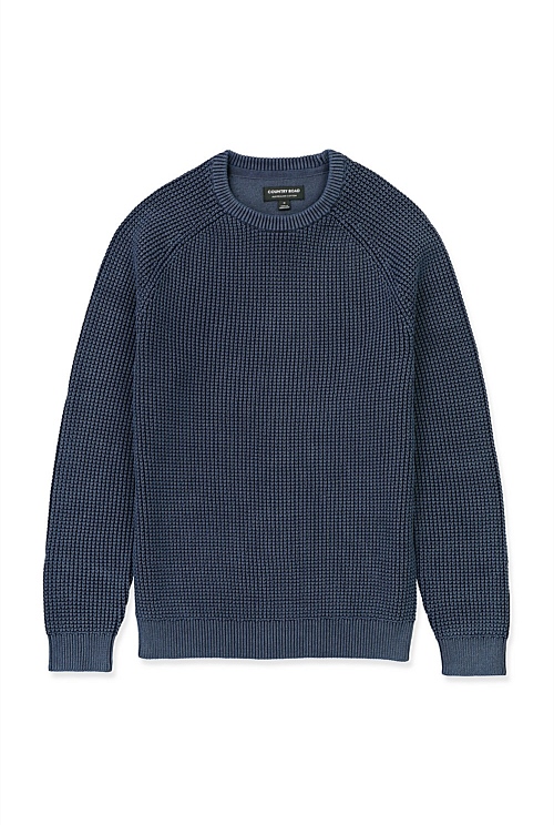 Indigo Waffle Australian Cotton Crew Knit - Knitwear | Country Road