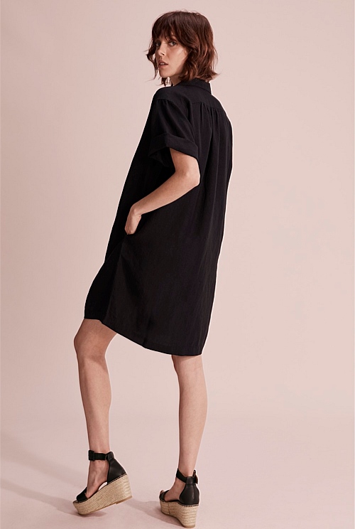 Black Organically Grown Linen Popover Dress - Natural Fibres | Country Road