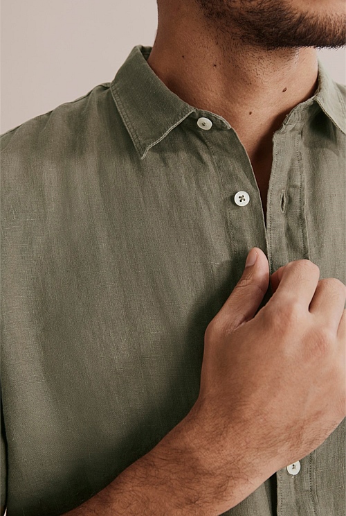 Khaki Green Regular Overdyed Organically Grown Linen Shirt - Natural Fibres | Country Road